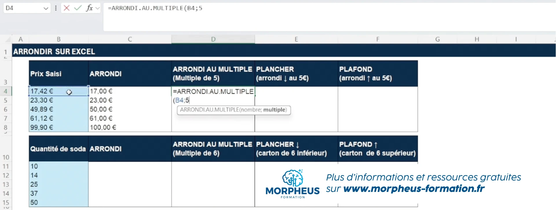 Arrondir sur Excel avec ARRONDI, MULTIPLE, PLAFOND | Morpheus Formation